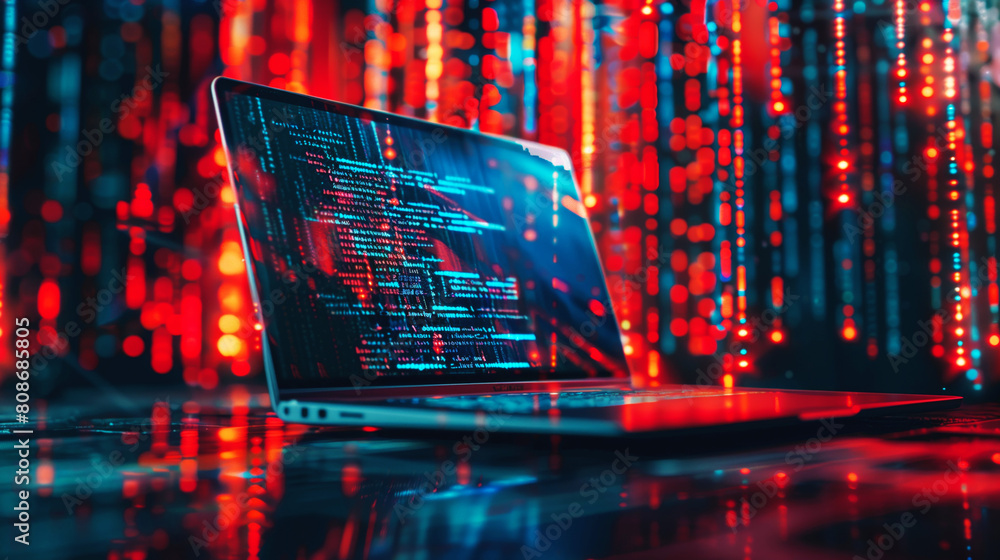 Laptop displaying complex code with a backdrop of a digital data matrix ... Laptop displaying complex code with a backdrop of a digital data matrix ...