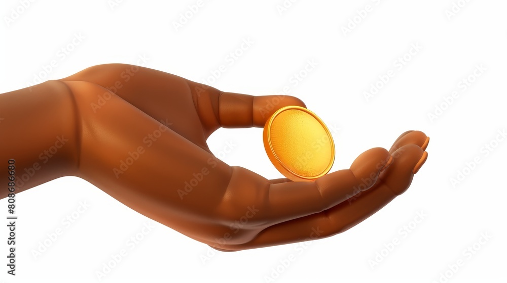 3D render illustration of an African American hand holding a gold coin ...