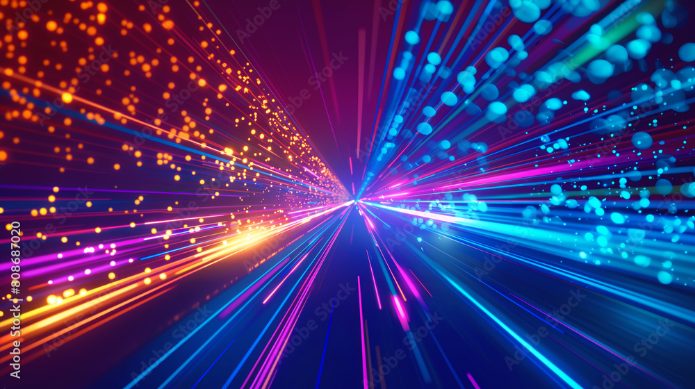 Vivid depiction of digital data speed, light beams zooming in neon glow ...