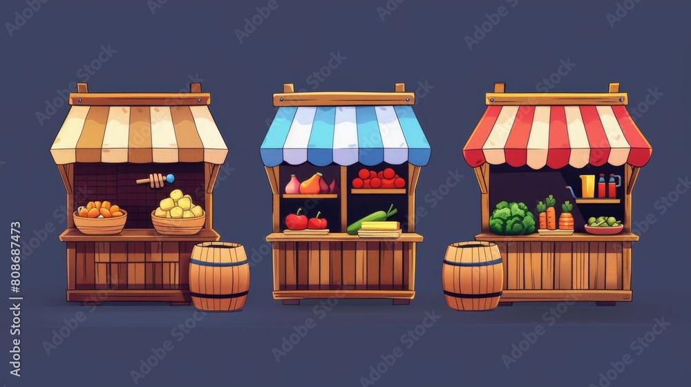 The illustration of a farmer's market stall, a wooden fair booth, an ...