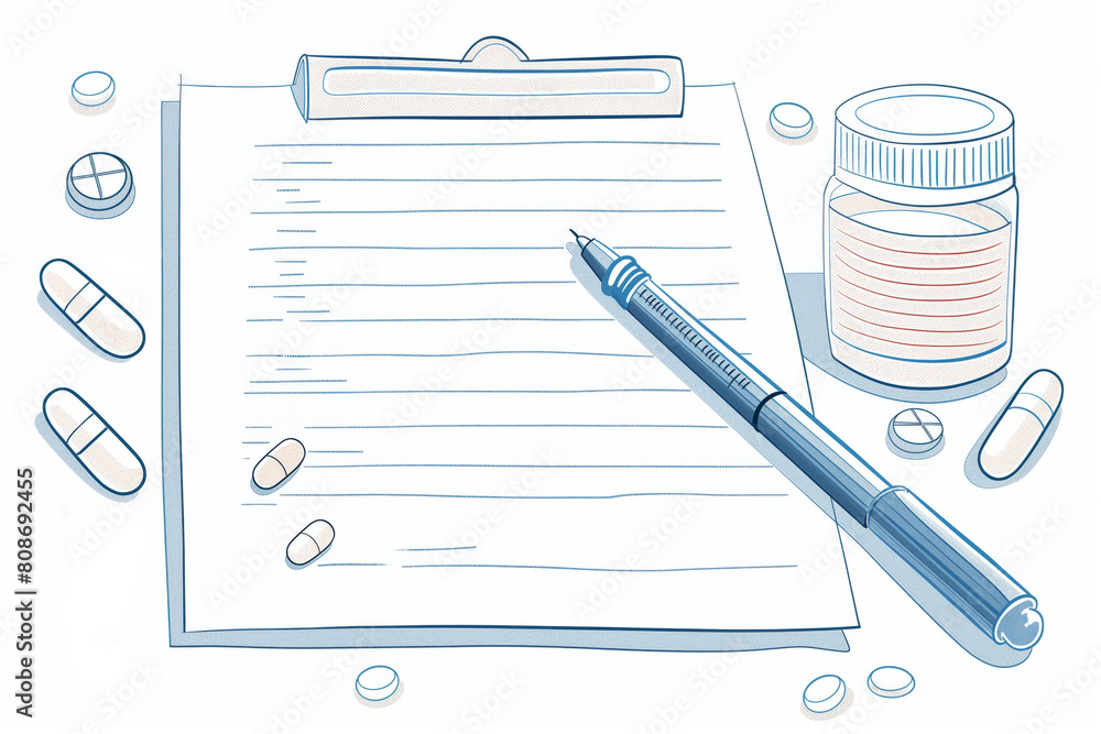 Illustrated medical prescription pad with a pen, alongside symbols of ... Illustrated medical prescription pad with a pen, alongside symbols of ...