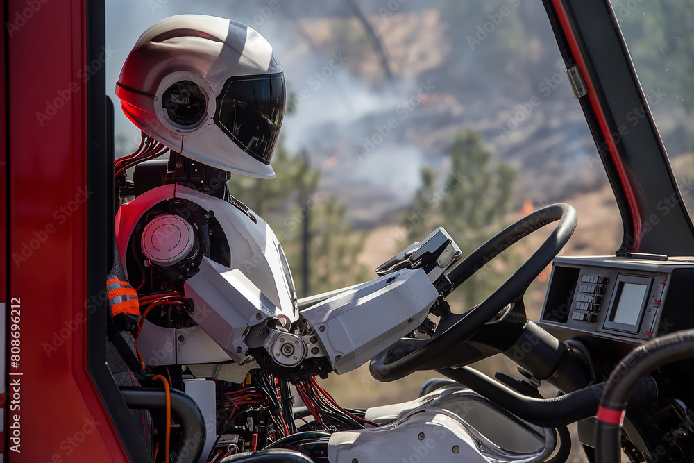 Foto de Humanoid robot takes the driver's seat in a fire truck ... Foto de Humanoid robot takes the driver's seat in a fire truck ...