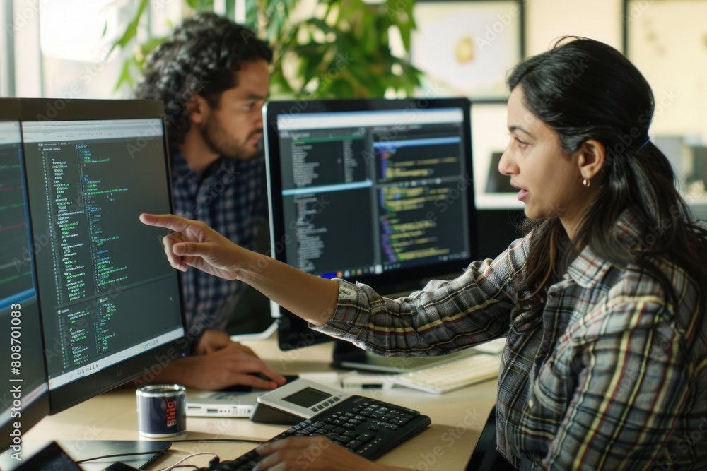Software Developers Discussing About Source Code Compiling Discovers Errors And Asks The Rest Of