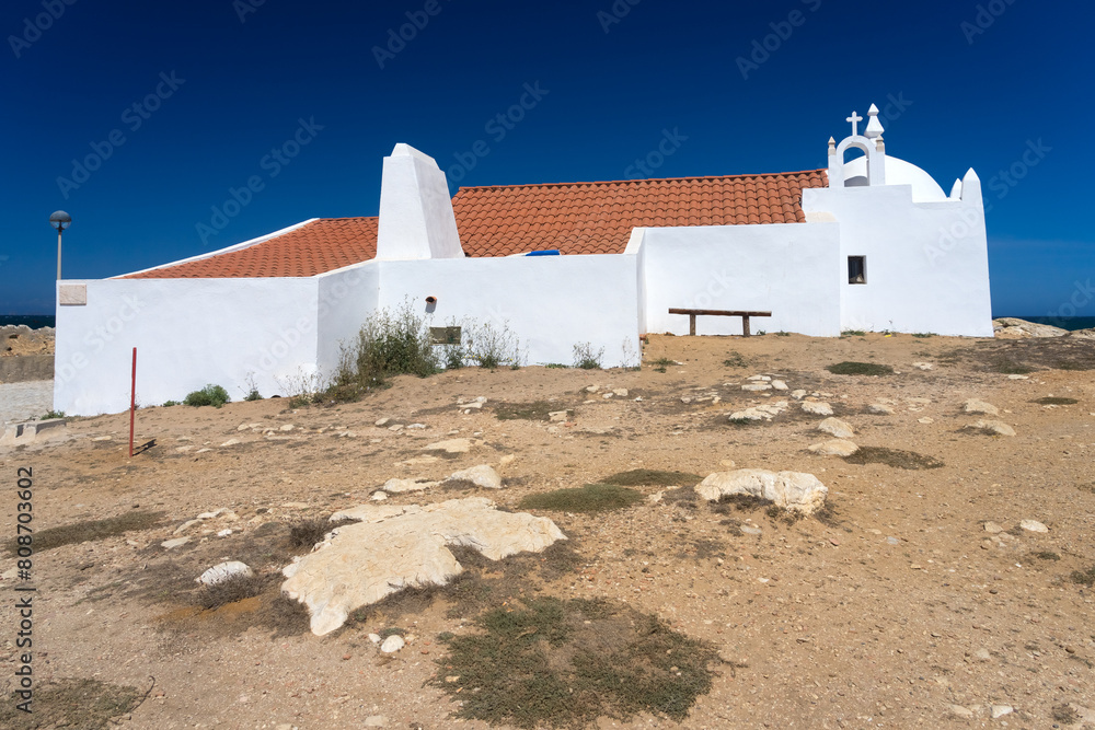 Typical white Chapel of Santo Estevao do Baleal in the Baleal island ...