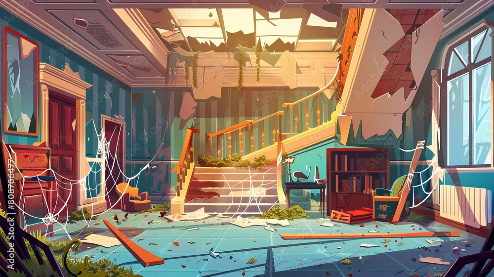 Cartoon background of abandoned dirty hotel lobby room interior ...