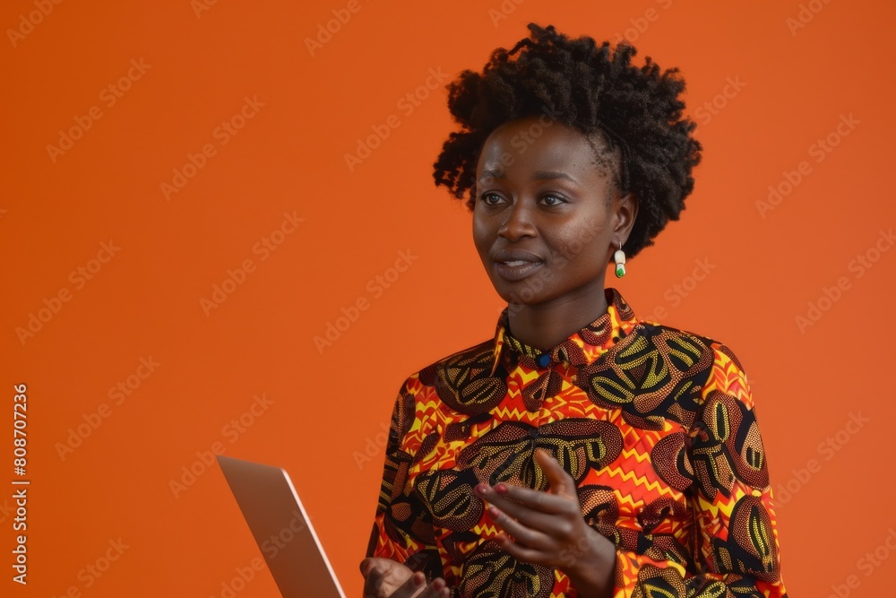 A calm African woman in traditional attire concentrating on her laptop ...