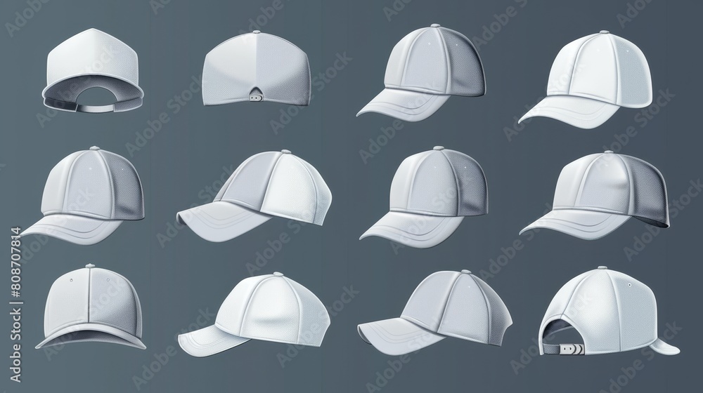 A mockup of a snapback hat from different angles -- front, back, three ...