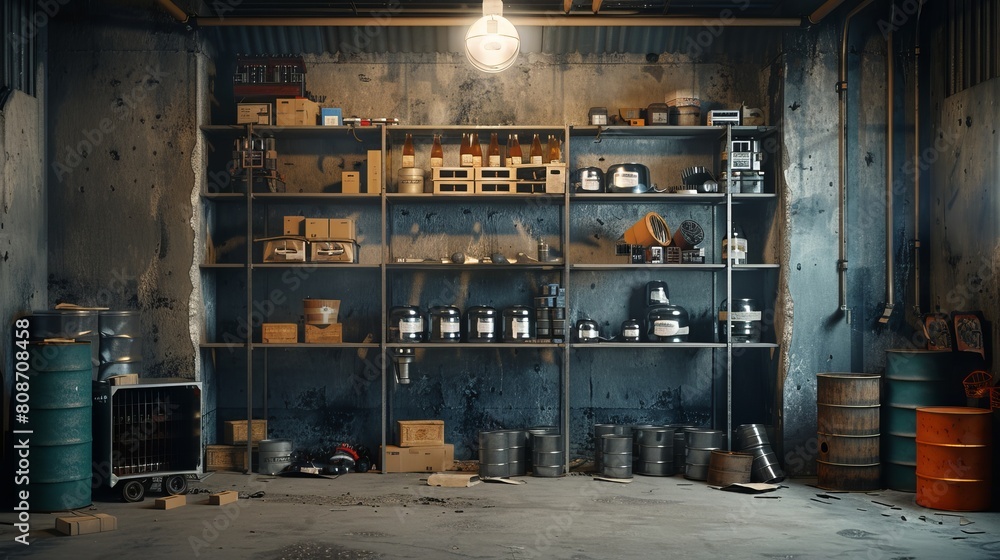 An abandoned factory box warehouse storage interior. Messy stockroom ...