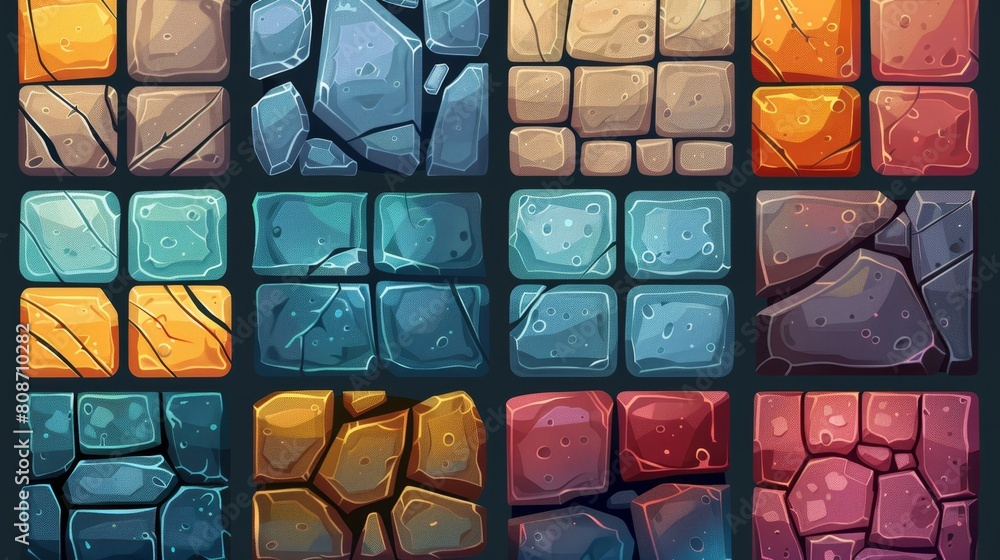 A cartoon set of stone game UI assets. Rectangular banners and tablets ...
