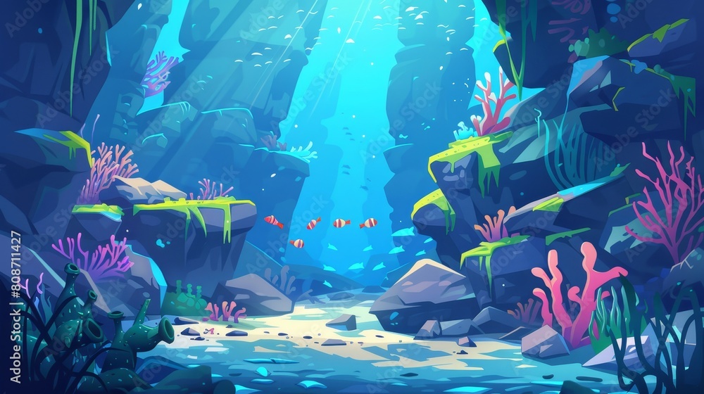 The ocean underwater boulder with fish modern background. Deep sea ...