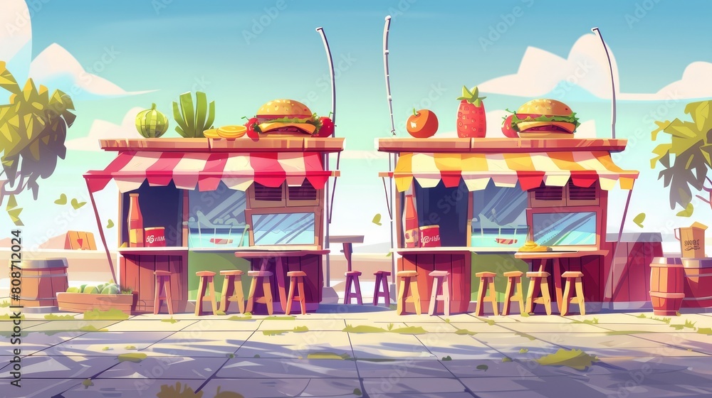 Cartoon modern illustration set of fair stalls with farm produce ...