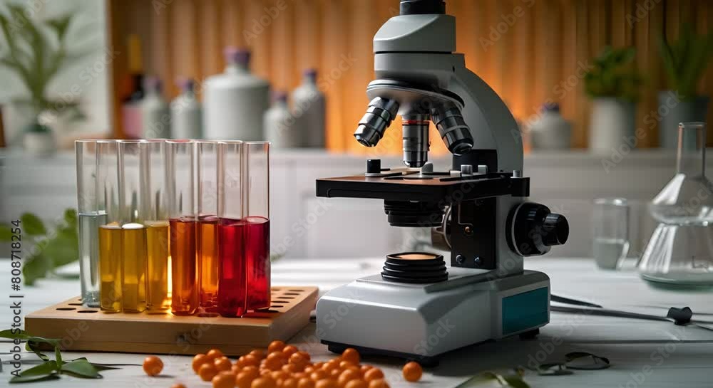 Test tubes with colored liquids microscope and Bunsen burner in the lab ...