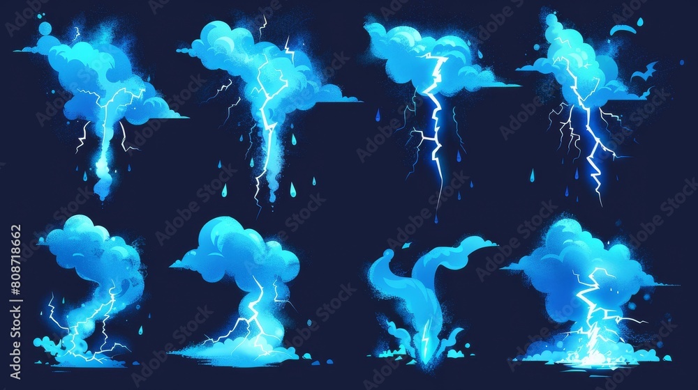 An electric strike with rays and smoke clouds that hits the ground or ...