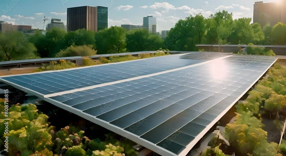 Urban rooftop with solar panels and greenery showcasing renewable ...