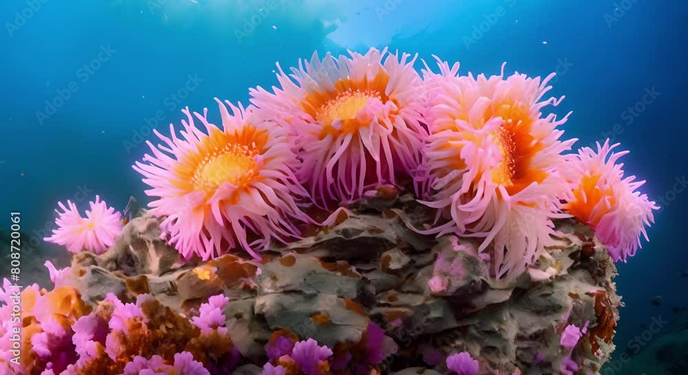 Sea anemones cluster on rock in deep sea part of marine ecosystem ...