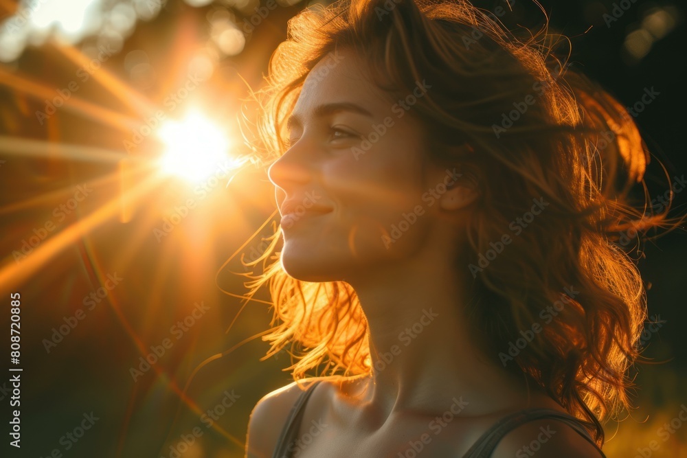 Confident Beautiful radiant woman posing in sunlight. Brunette female ...