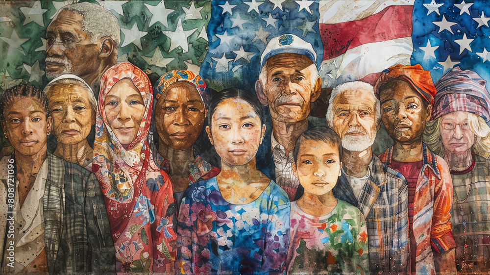 Craft a traditional oil painting depicting a diverse group of people of ...