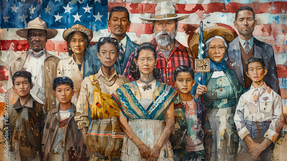 Craft a traditional oil painting depicting a diverse group of people of ...