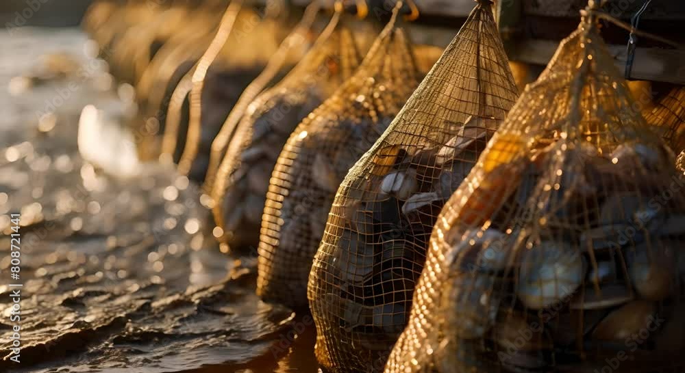 Scenic coastal clam farm with rows of mesh bags showcasing sustainable ...