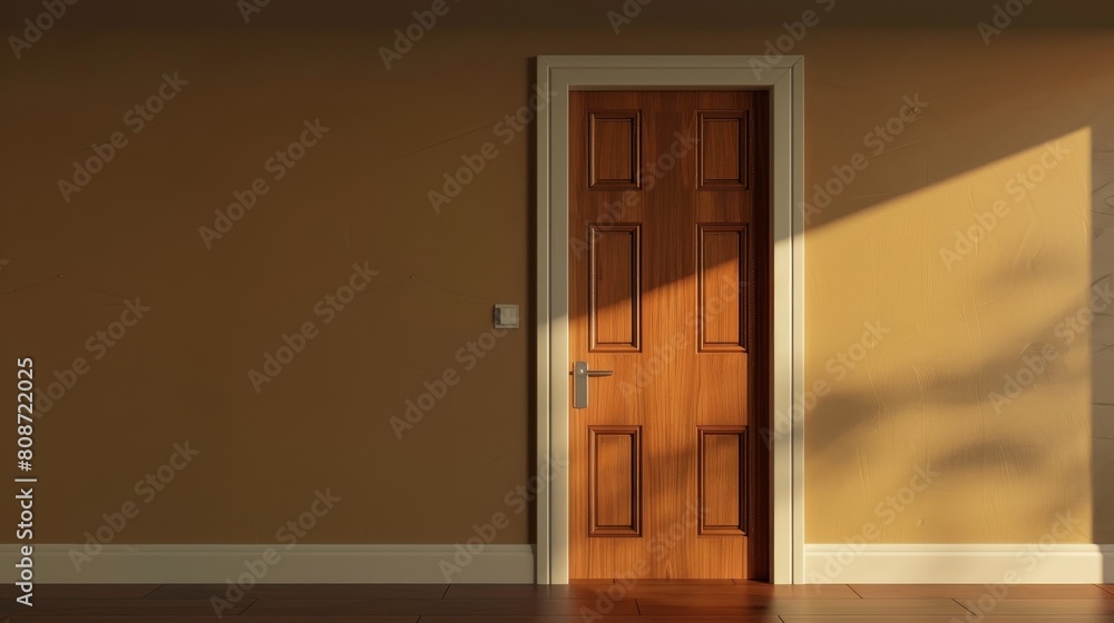 This is a 3D realistic wooden front door inside a modern house. There ...