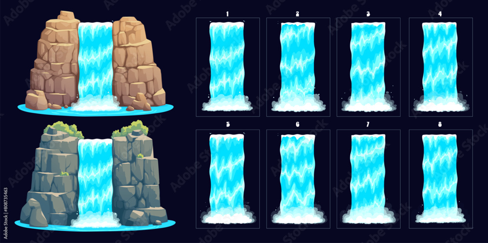 Waterfall sprite sheet animation of water cascade or river stream ...