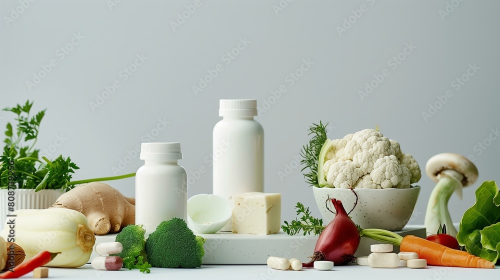 modern image contrasting bottles of probiotic supplements with natural ...