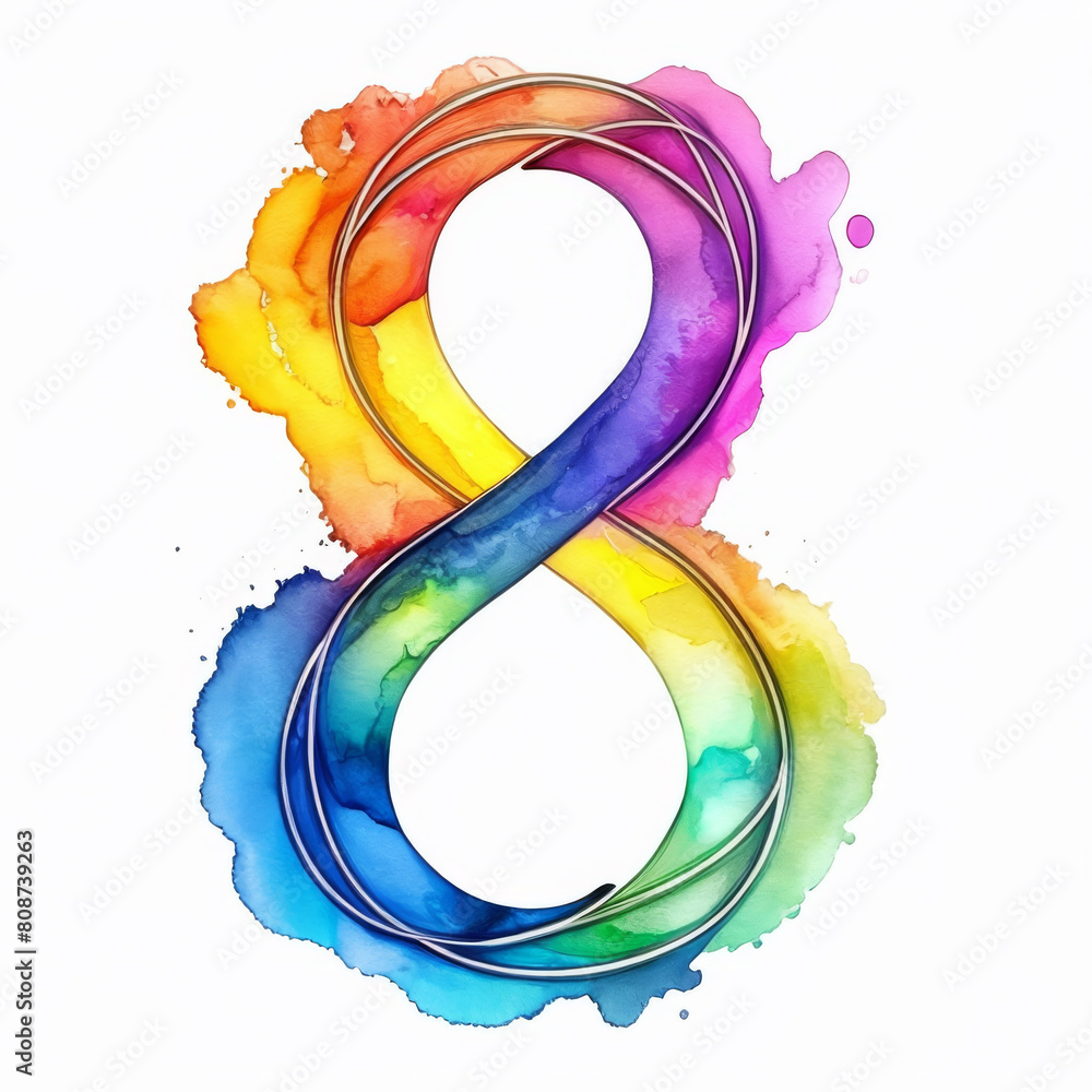 Number eight made of watercolor splashes isolated on white background ...