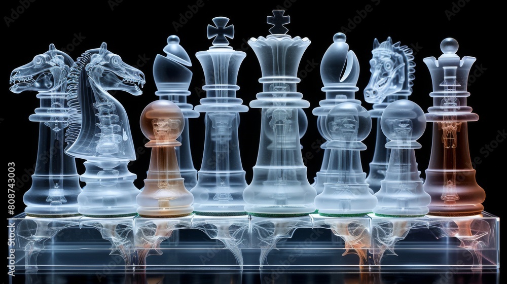 X-ray scan of a chess set, displaying the pieces and their internal ...