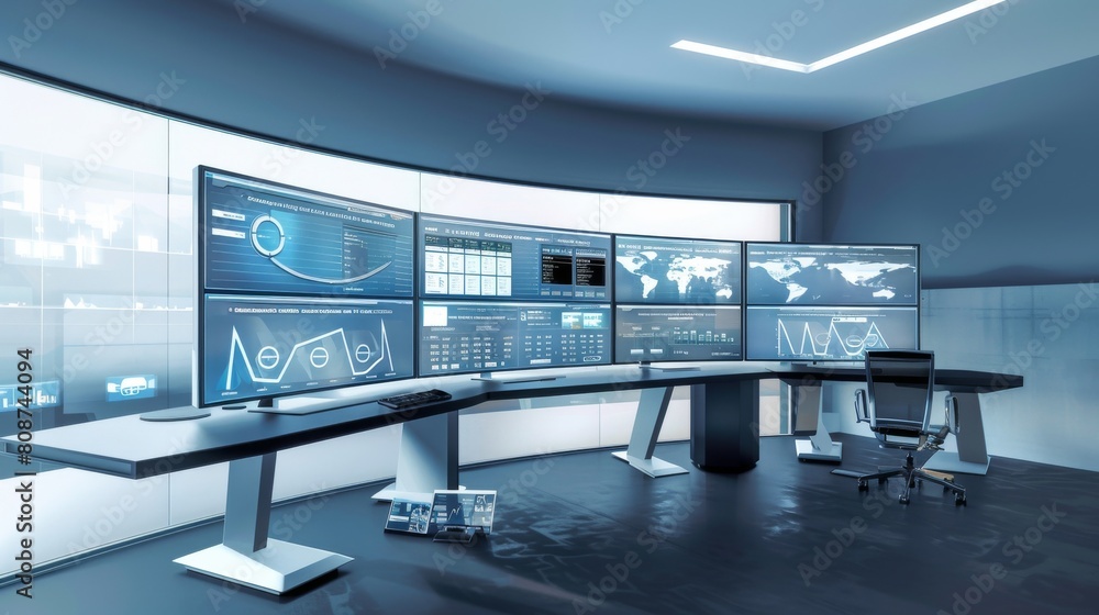 Command center with multiple screens displaying ERP dashboards, surrounded by a high-tech ...