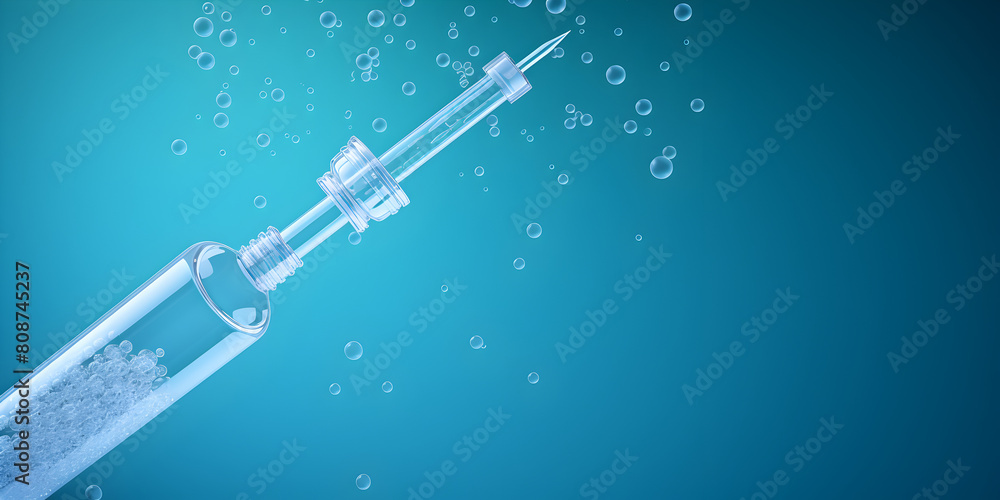 A closeup of a medical syringe ready for an injection with bright blue ...