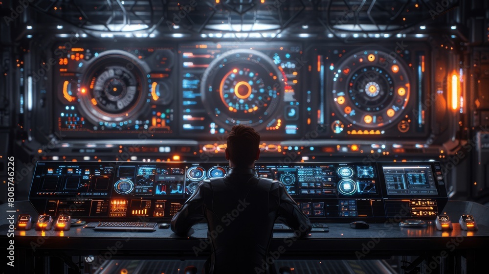 Futuristic low-code programming interface, neon accents, coder at a ...