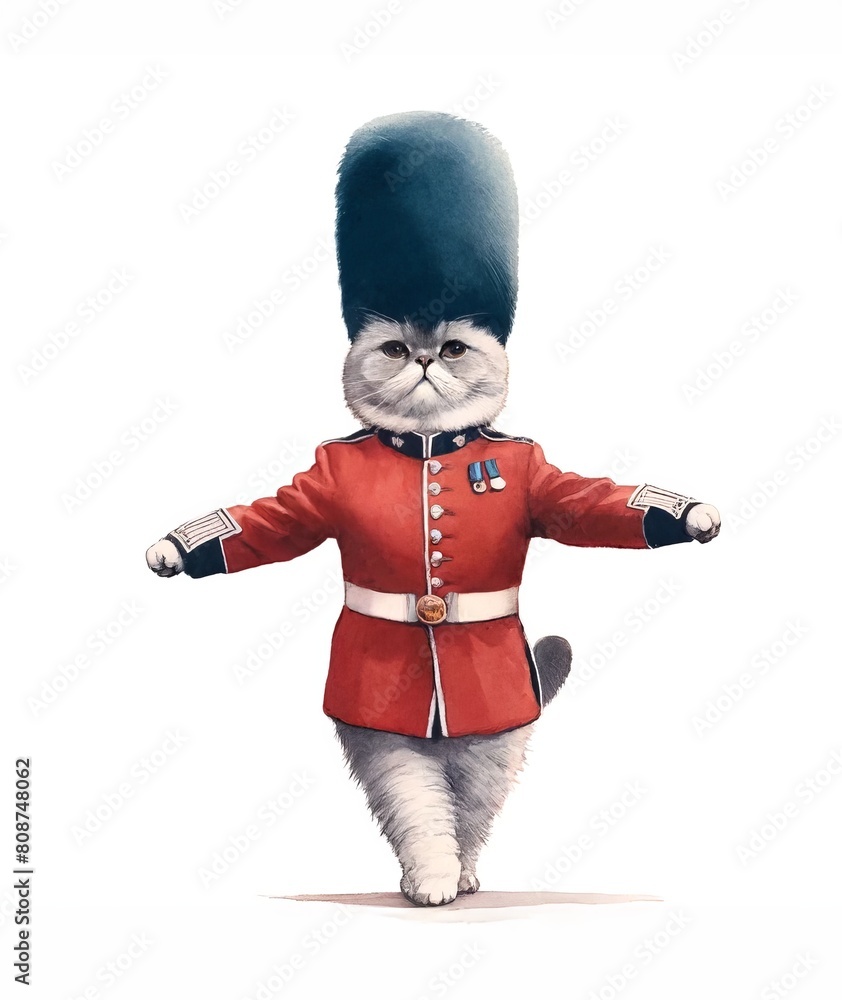 Watercolor illustration of a British Shorthair cat dancing in a ...