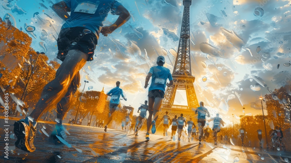 games 2024 in Paris France. Athletes running, sports event, Eiffel ...
