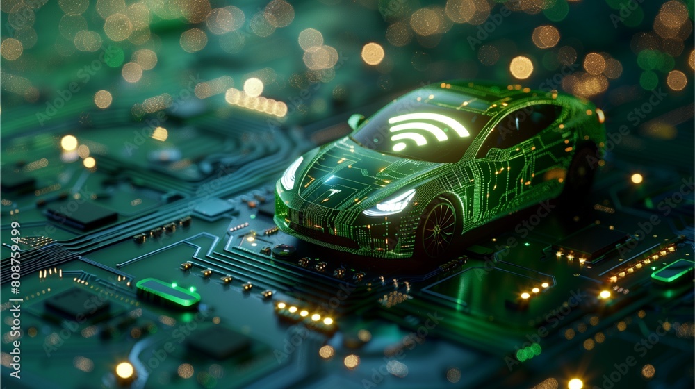 Car, green circuit board background with digital car icon hologram on ...