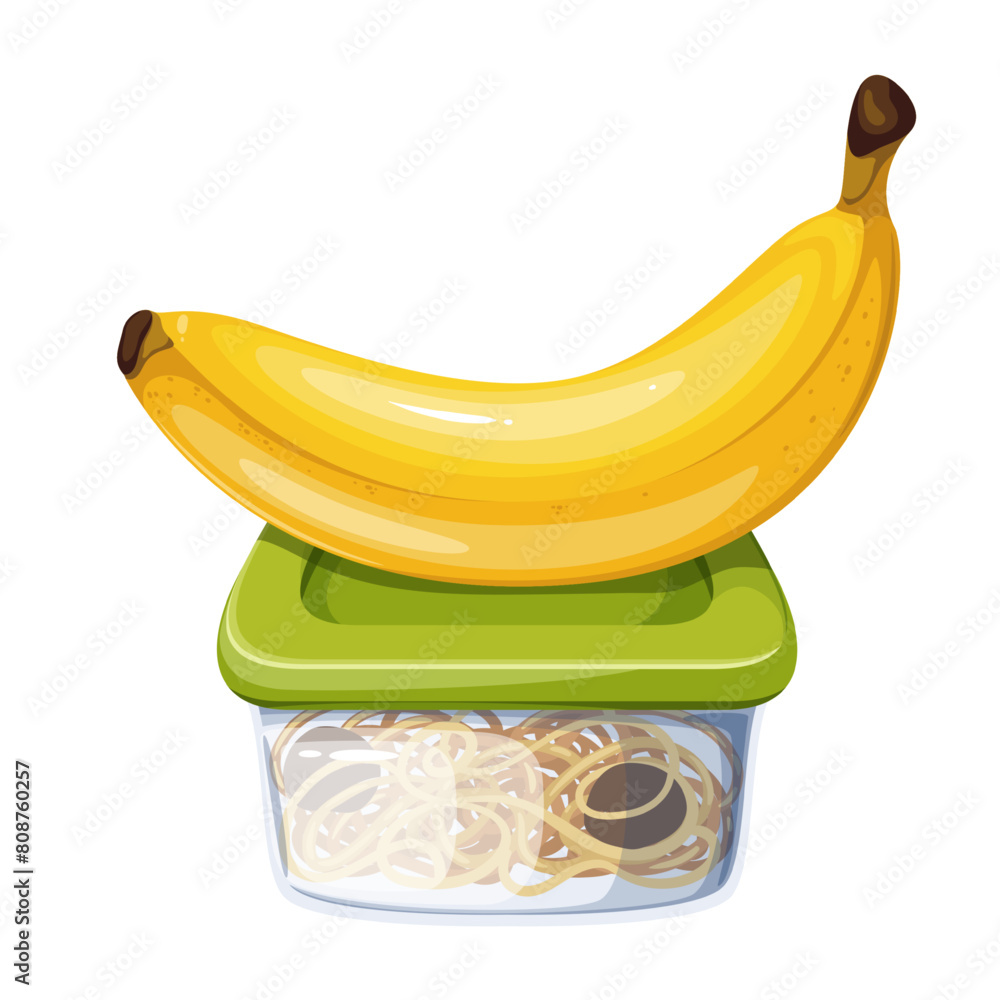 Banana and plastic box with pasta on lunch, cartoon healthy lunchbox ...