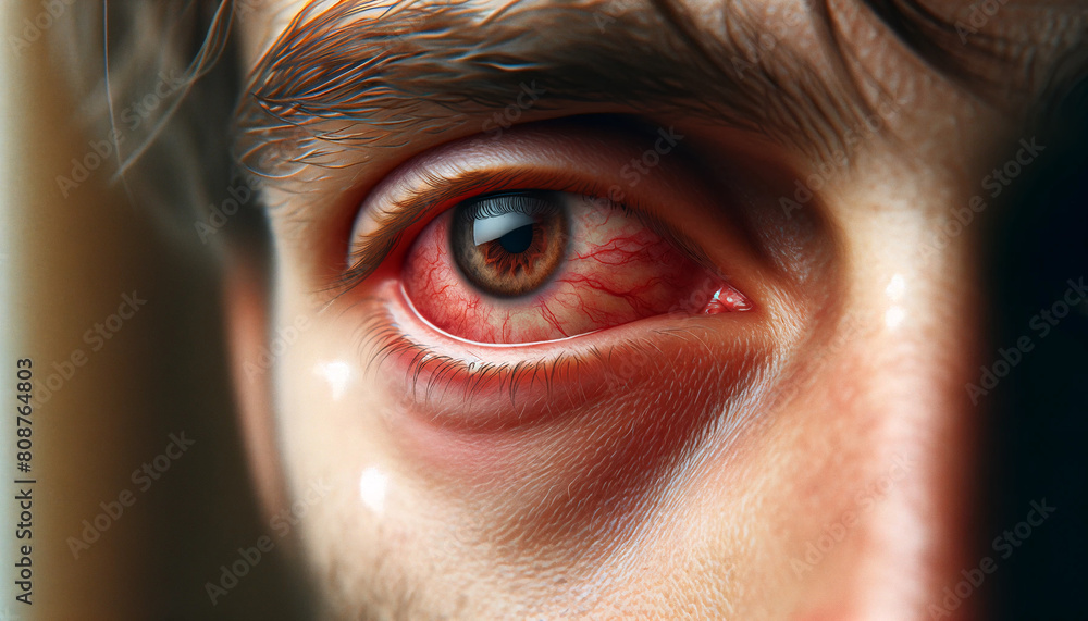 The tired male eyes showing, slightly swollen eyelids and fine lines ...