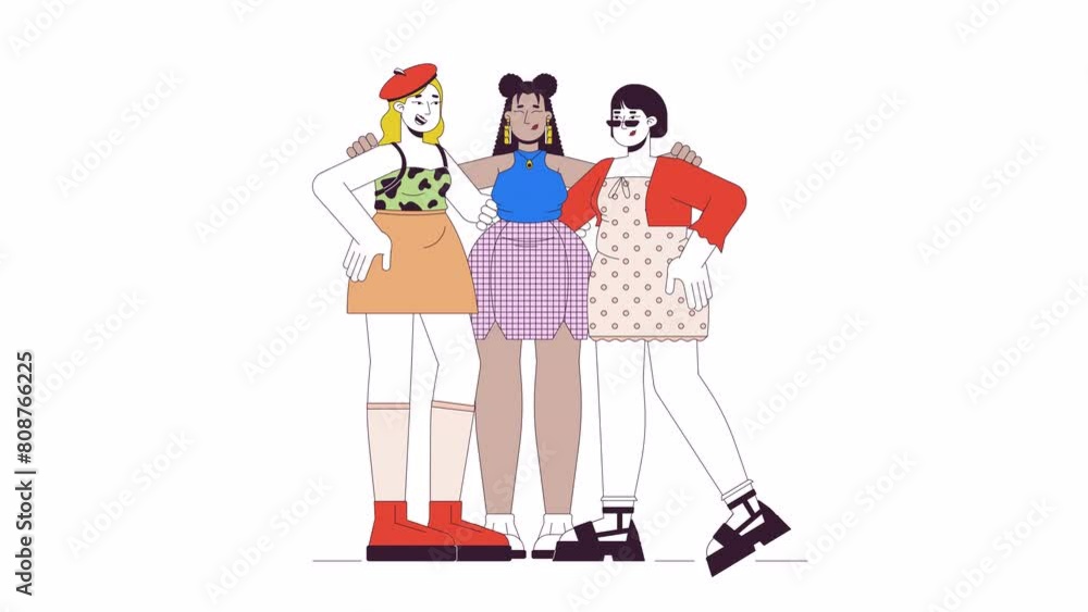 Diverse curvy woman in stylish clothes line cartoon animation. Plus ...