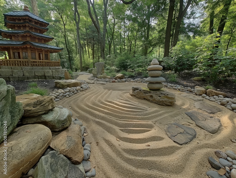 A Japanese garden with a small pagoda and a rock path. The path is ...