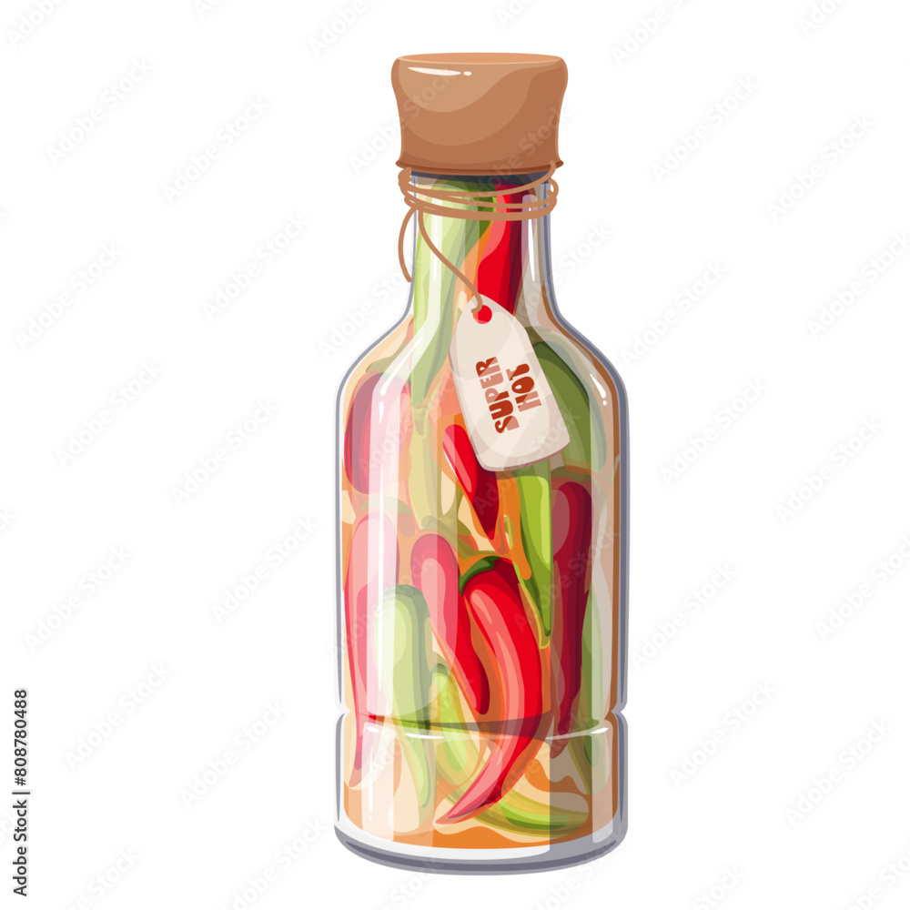 Pickled red and green chili peppers, cartoon glass bottle. Jar of chili ...