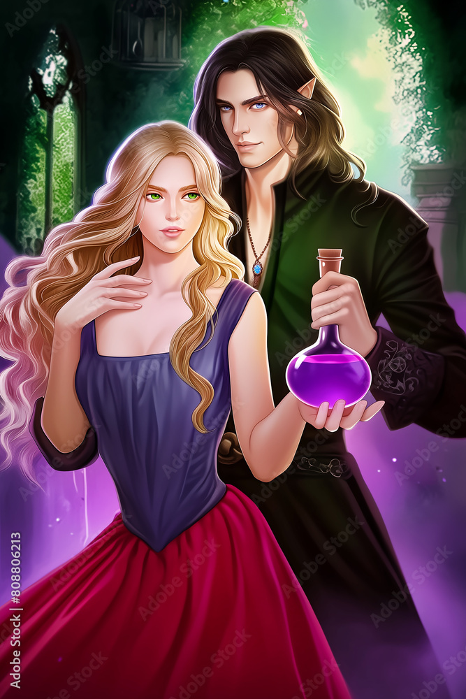 Beautiful fantasy couple, aristocrats, magic potion, herbalist shop ...