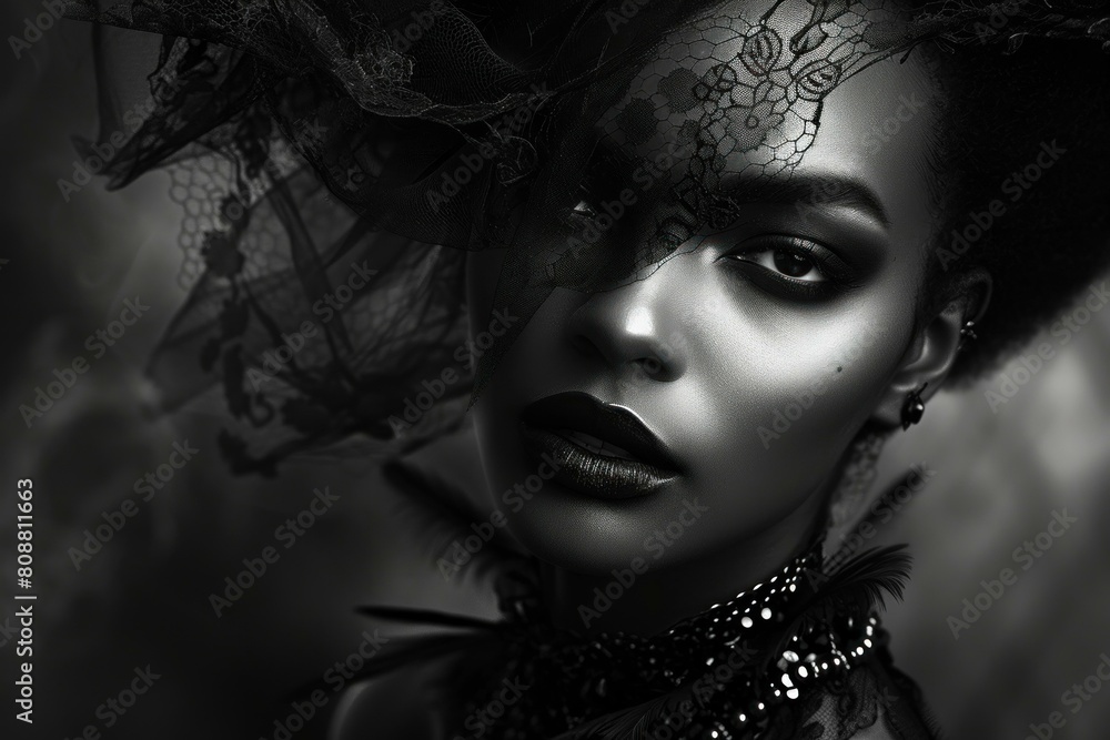 Black gothic woman. Model lady with black hair looking away. Generate ...