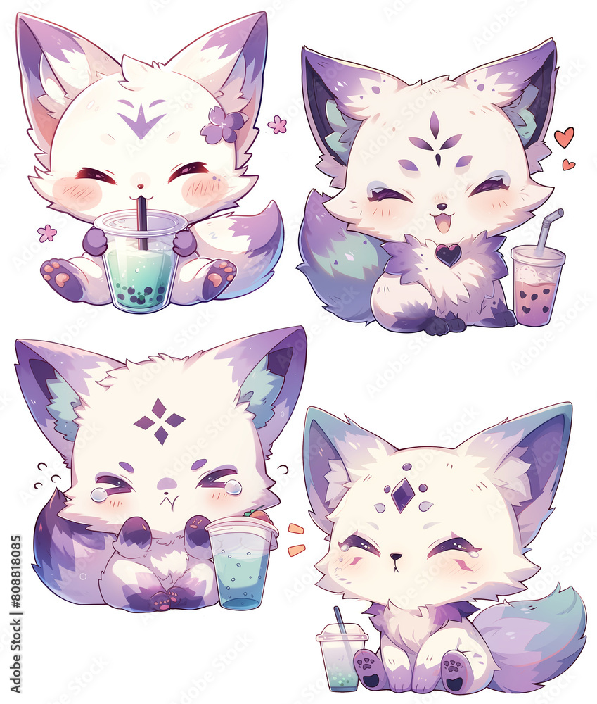 white fox fantasy boba drink set emotes stickers cute kawaii adorable ...