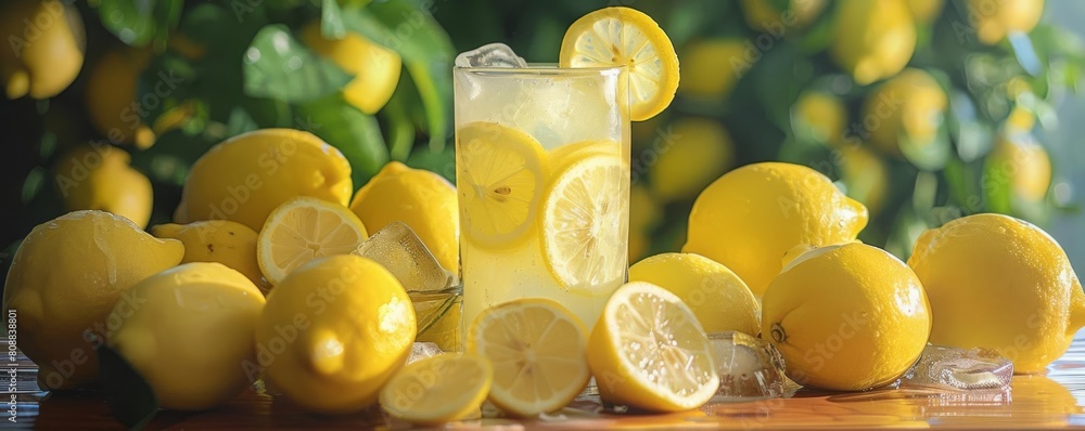 Artistic still life of lemonade and sliced lemons with a backdrop of a ...