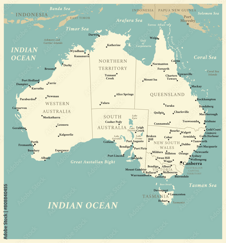 Australia - detailed map with administrative divisions and capitals of countries. Vector ...