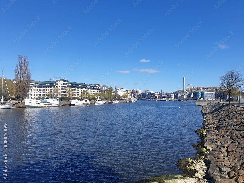 Waterfront of Stockholms Södermalm in the sun (photographed from ...