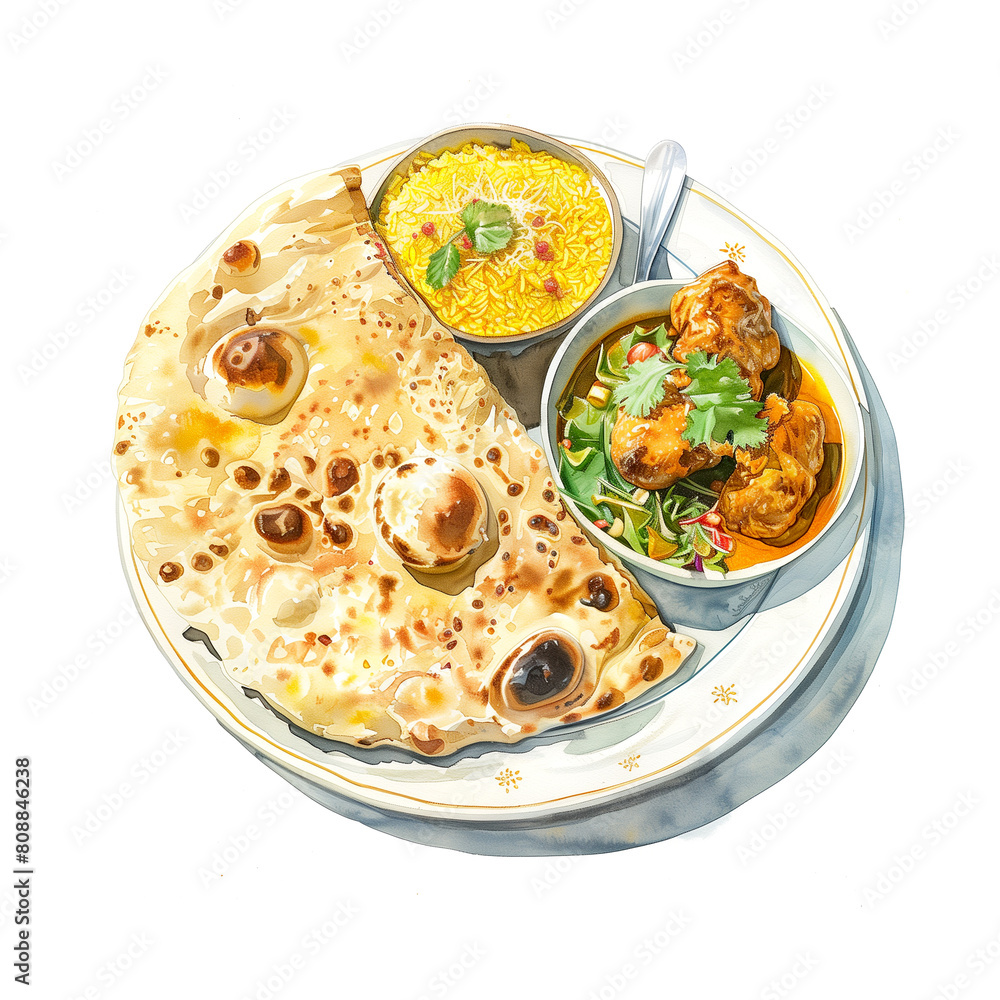 Watercolor illustration of Indian food, naan and saffron rice ...