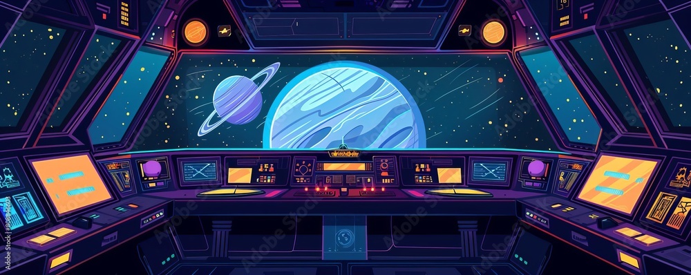 Space, cat flat design front view interstellar station theme cartoon ...