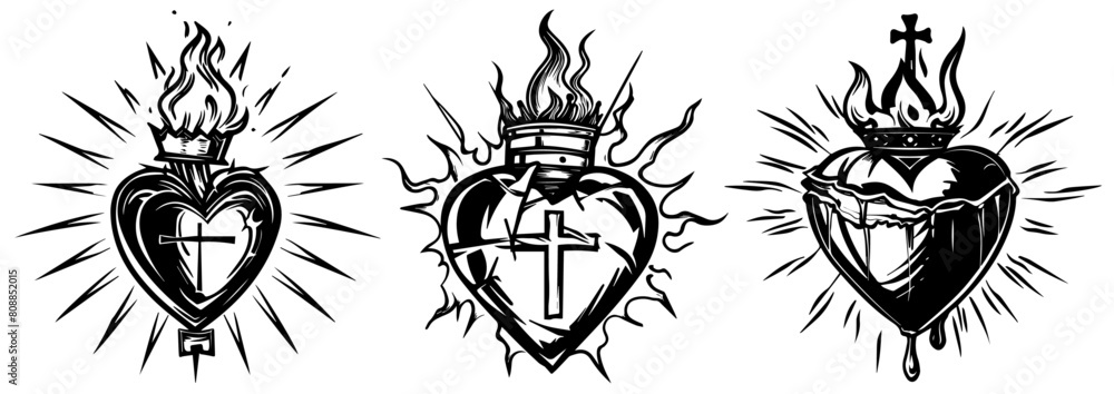 the heart of Jesus with fire burning, sketch with a thick line, black ...