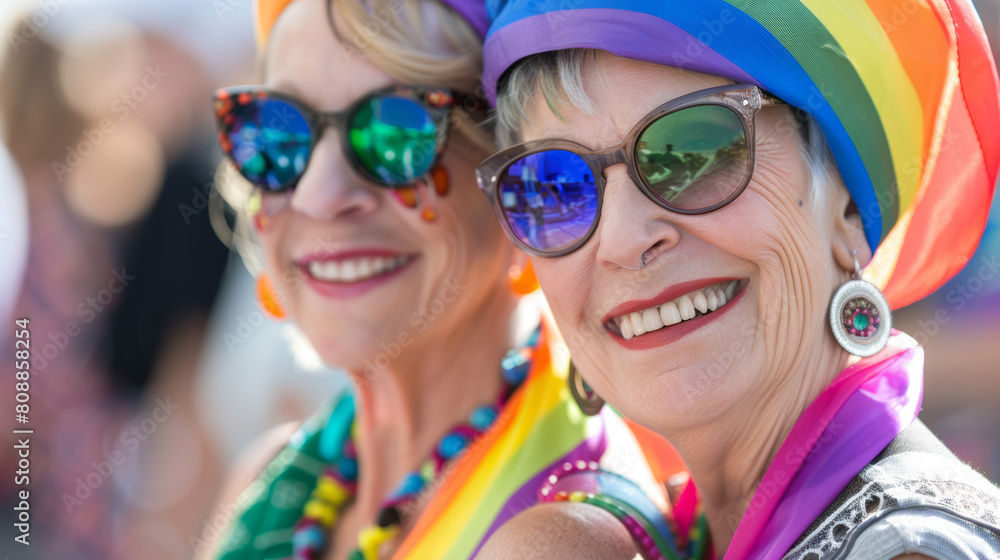 Happy Senior gay lesbian couple having fun wearing Lgbtq rainbow flag ...