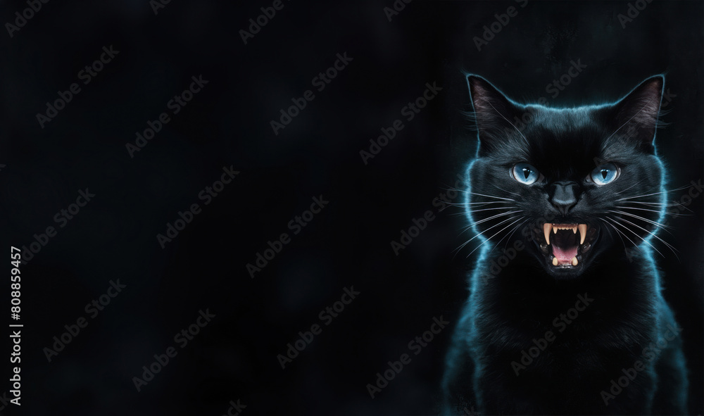 Cute black evil kitten with glowing ethereal blue rim light. Black ...